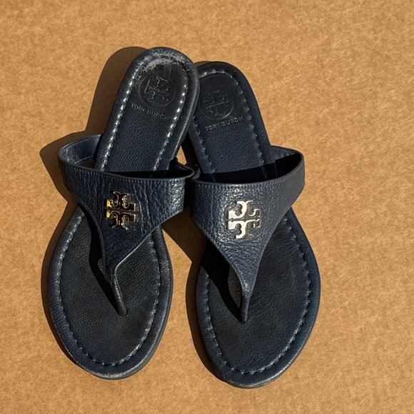 Tory Burch | Shoes | Tory Burch Dark Blue Sandals With Metallic Emblem ...